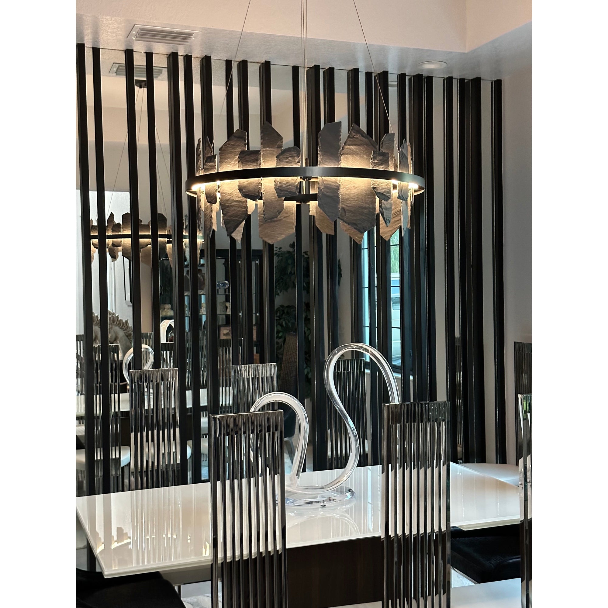 40"W Round Slate Natural Stone LED Industrial Chandelier